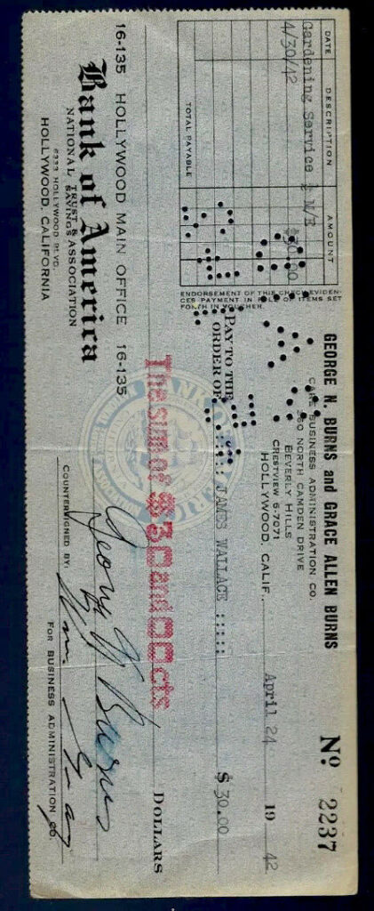 Vintage 1942 George Burns / Gracie Allen Burns AUTOGRAPHED BofA CHECK ...