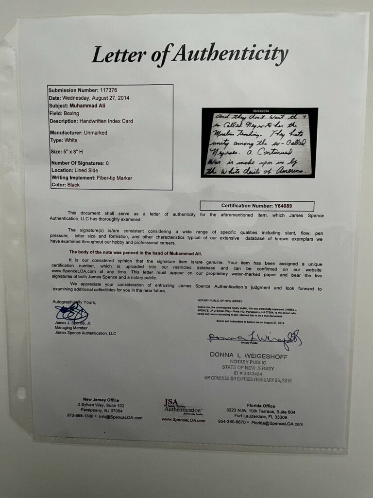 Muhammad Ali (Handwriting) JSA Authenticated w/ Classic Photos / George ...