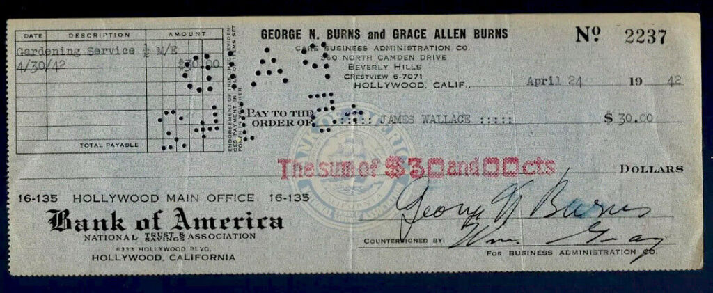 Vintage 1942 George Burns / Gracie Allen Burns AUTOGRAPHED BofA CHECK ...