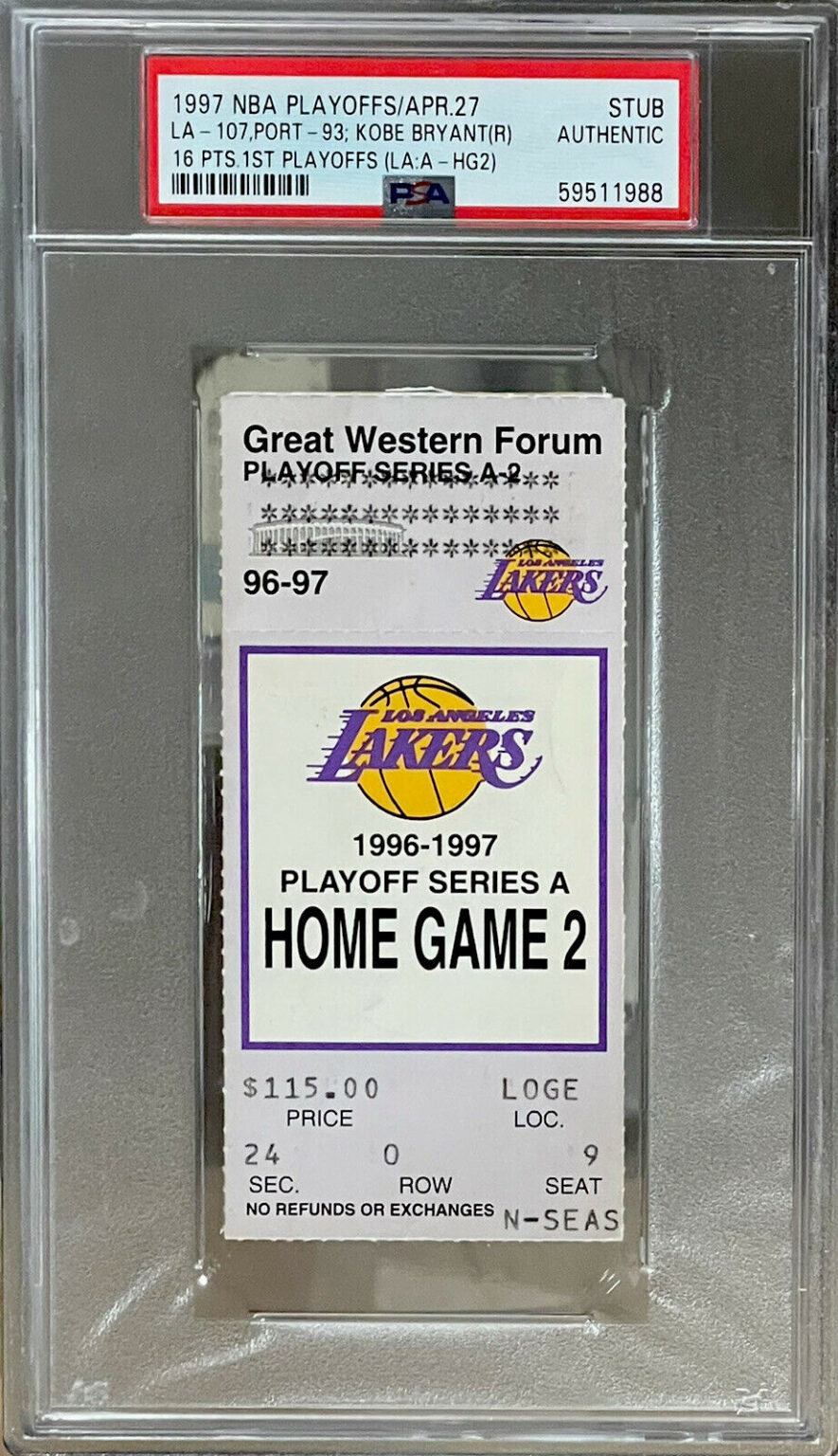 Kobe Bryant Rookie (First NBA Playoffs) PSA Authenticated Lakers Ticket ...