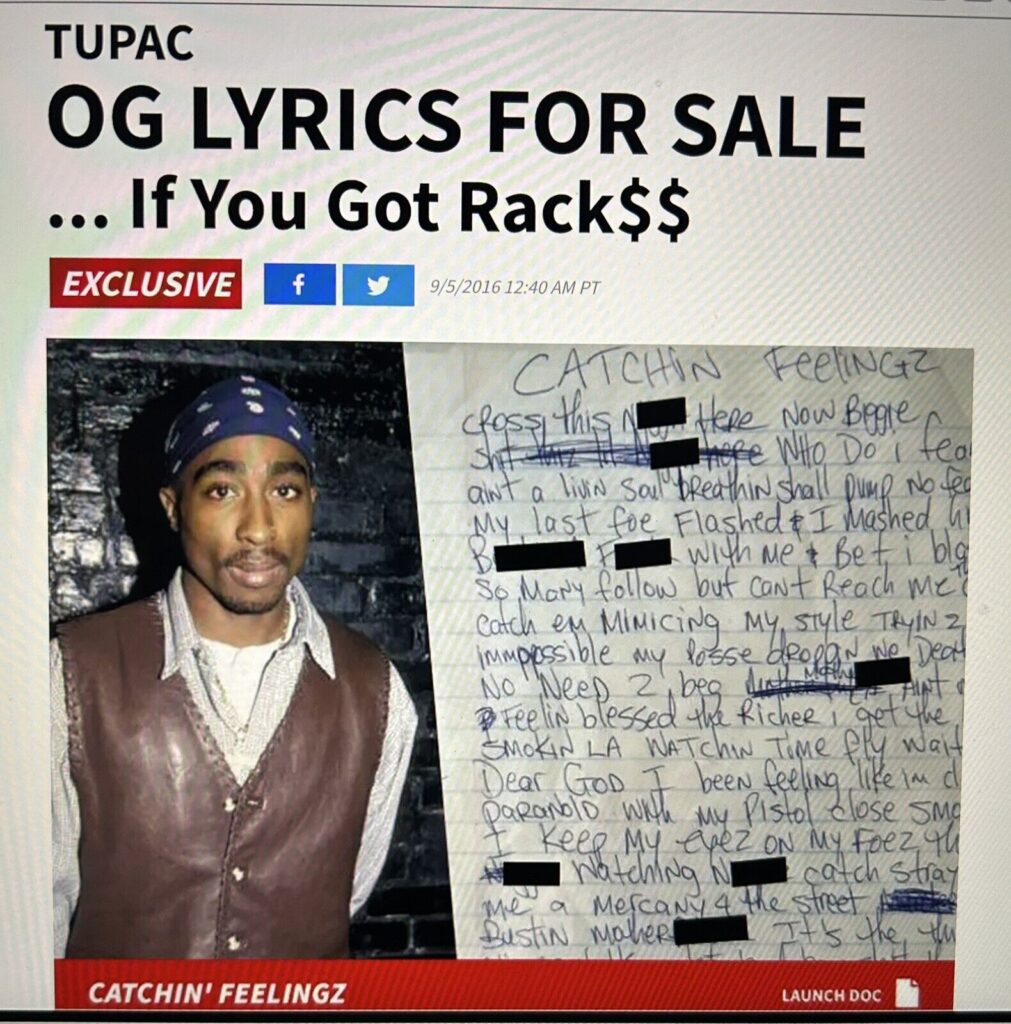 Tupac Shakur Original (Handwritten Lyrics) JSA Authenticated Song ...