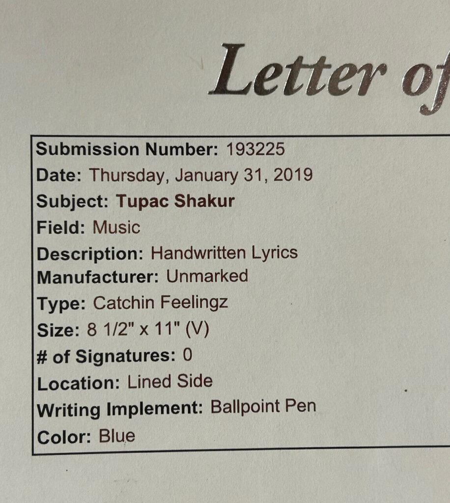 Tupac Shakur Original (Handwritten Lyrics) JSA Authenticated Song ...
