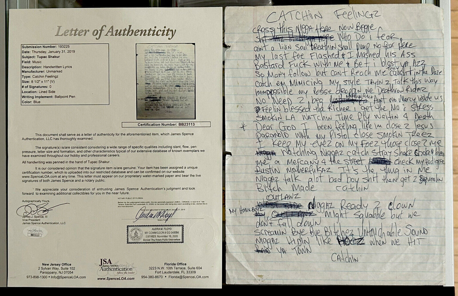 Tupac Shakur Original (Handwritten Lyrics) JSA Authenticated Song ...