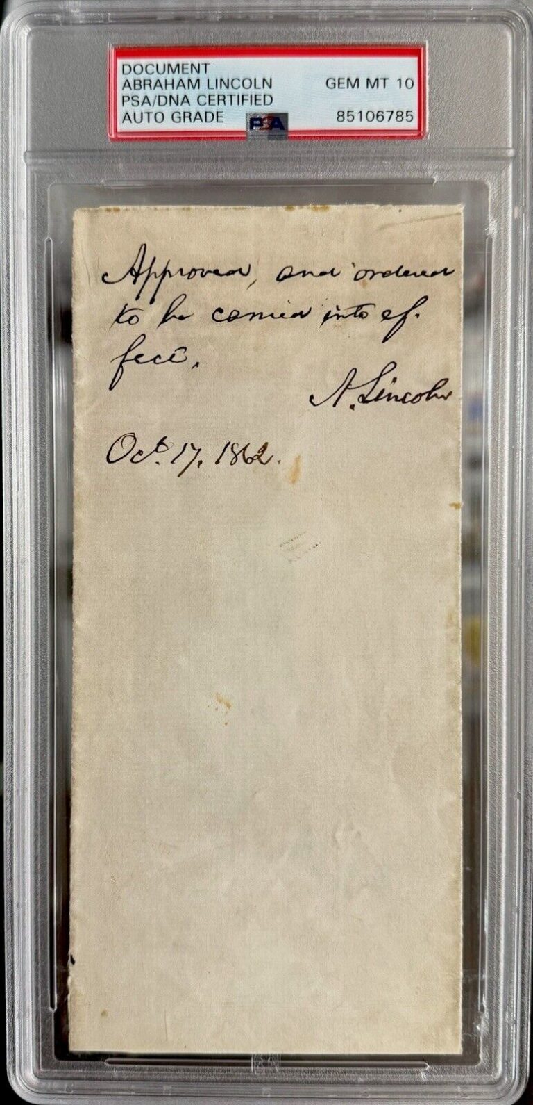 President Abraham Lincoln Signed Document (PSA 10) GEM-MINT 1862 ...