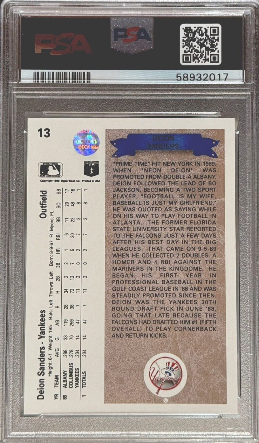 Deion Sanders Rookie GEM-MINT New York Yankees Baseball Card ...
