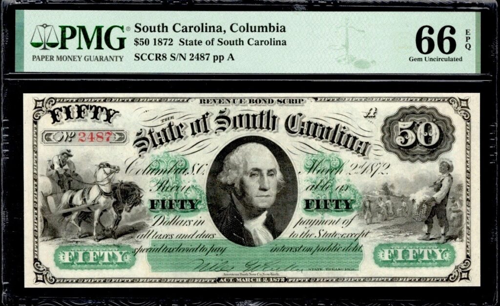 1872 Rare Civil War Era Currency $50 (PMG 66 GEM) Revenue Bond Scrip ...